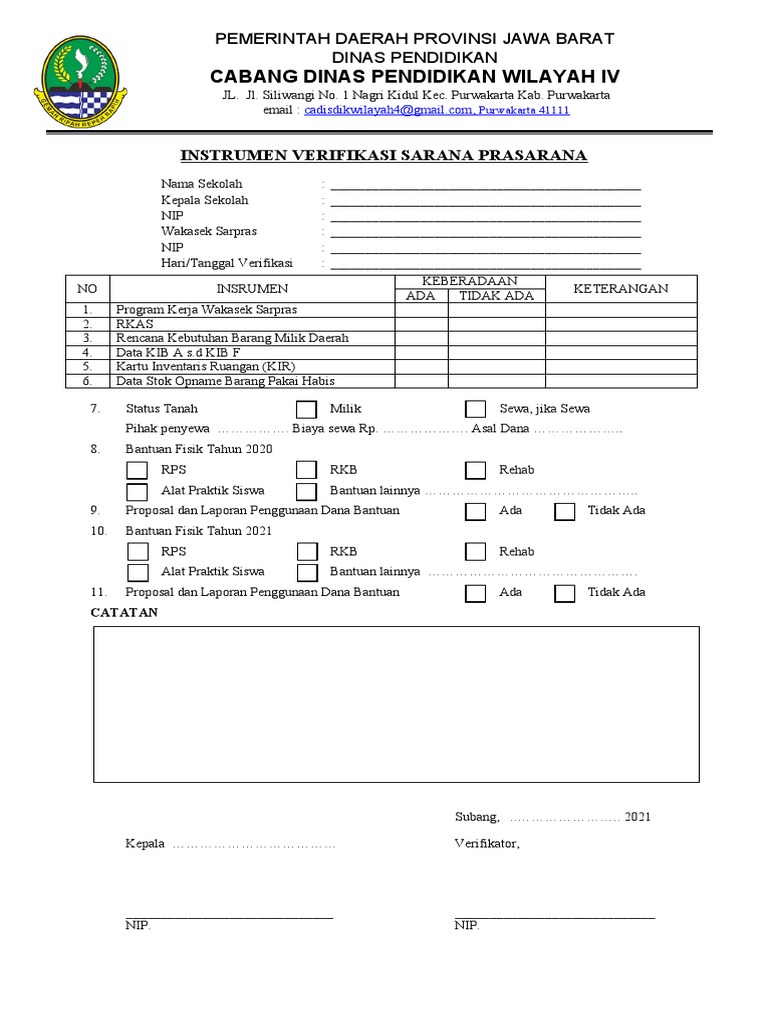 Instrumen Verifikasi Sarana Prasarana Sertijab | PDF