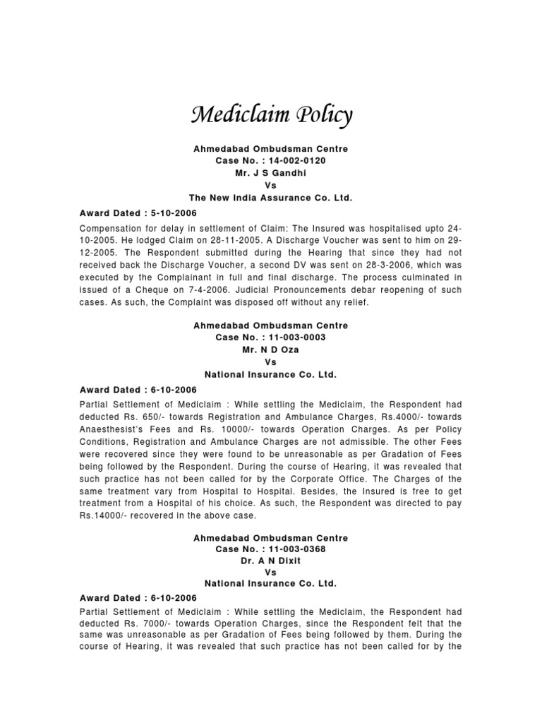 Mediclaim Policy - Insurance Ombudsman | PDF | Hospital | Insurance
