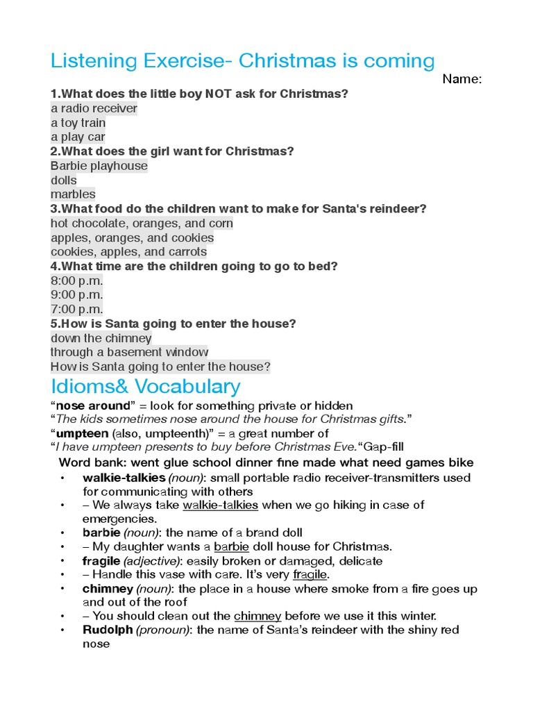 Listening Exercise-Christmas Is Coming: 1.what Does The Little Boy NOT ...