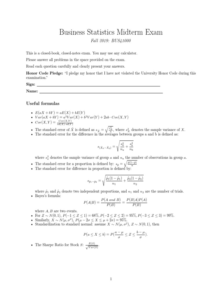 Business Statistics Midterm Exam: Fall 2019: BUS41000 | PDF ...