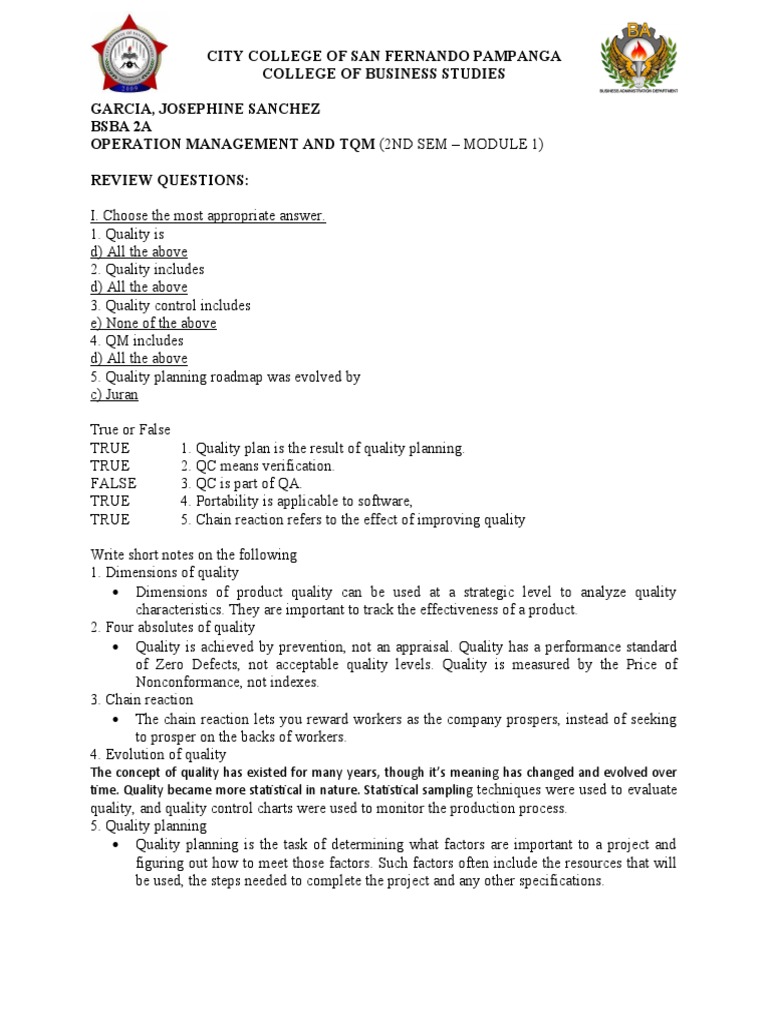 Operation Management and TQM (2ND Sem - Module 1) | PDF | Quality ...