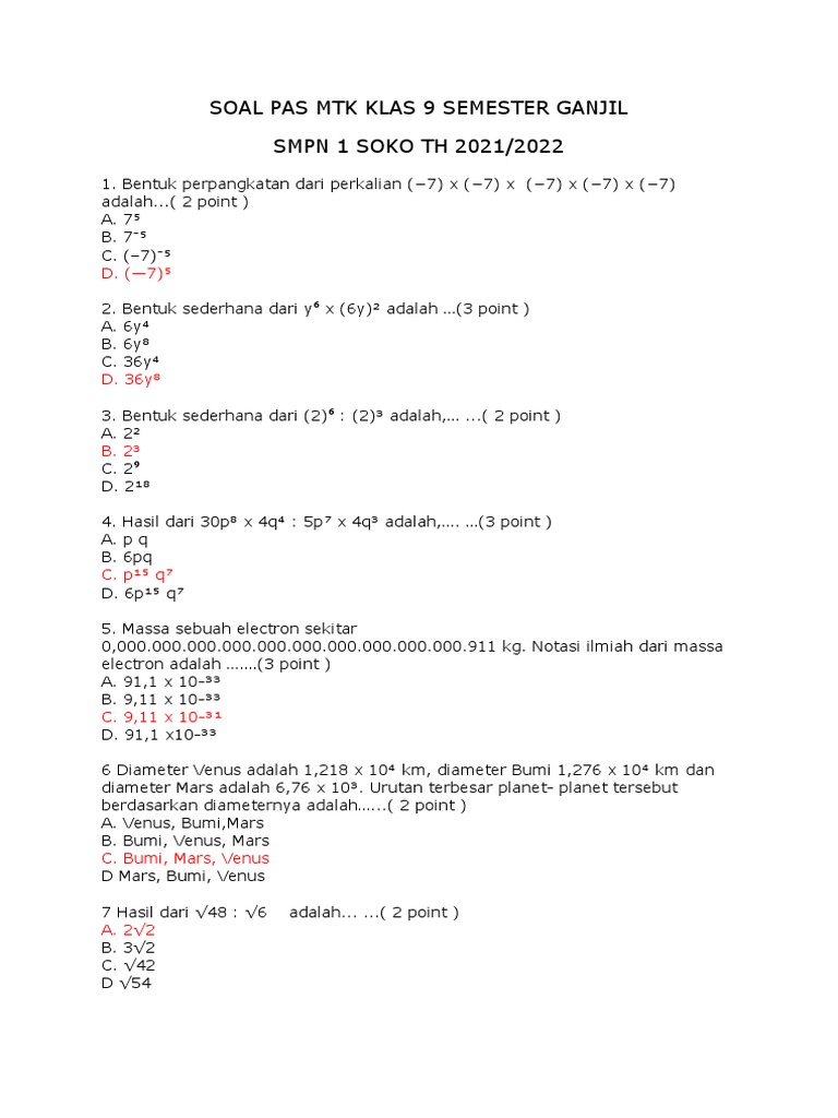 Soal Pas MTK Klas 9 Semsester Ganjil | PDF
