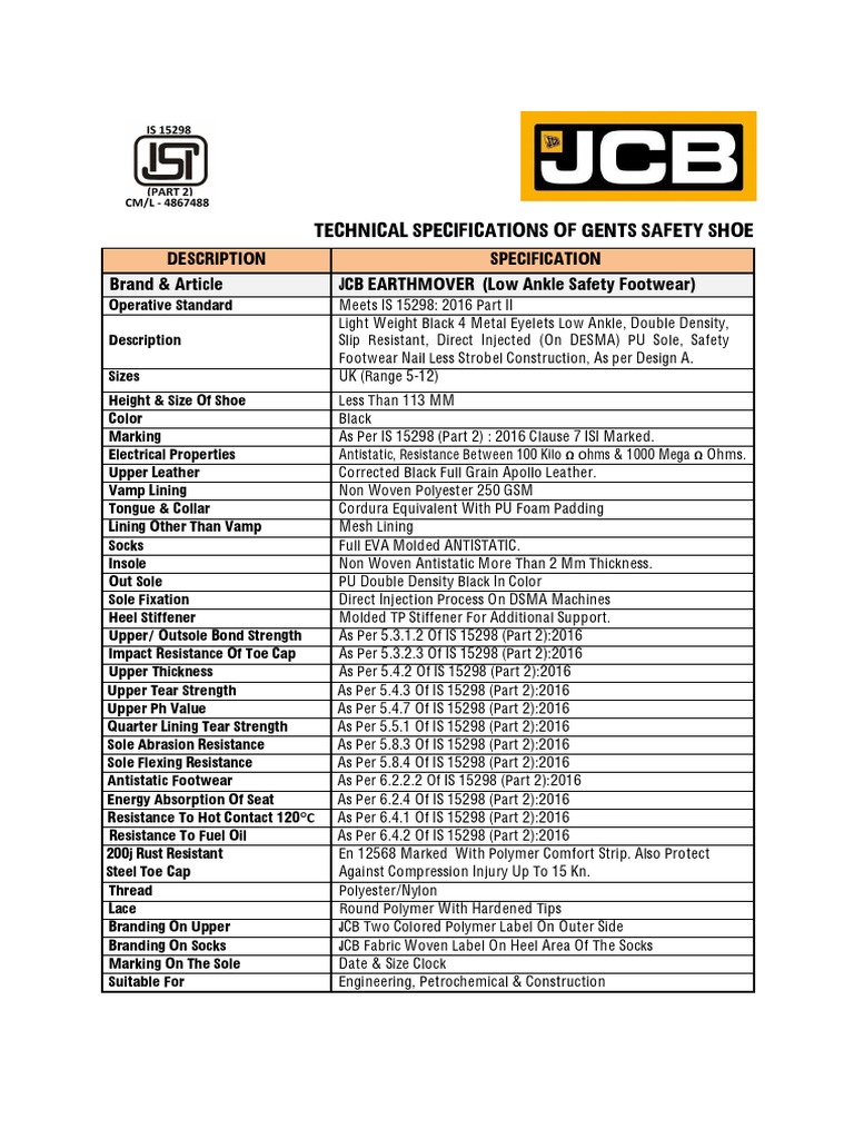 Technical Specifications of Gents Safety Shoe | PDF | Shoe | Sock