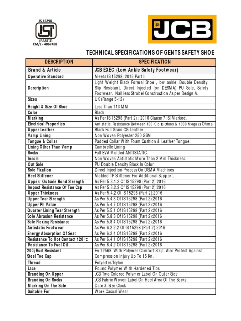 Technical Specifications of Gents Safety Shoe | PDF | Shoe | Sock