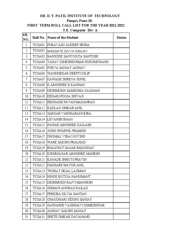 Dr. D. Y. Patil Institute of Technology Pimpri, Pune-18. First Term ...