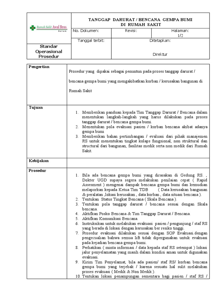 Sop Bencana Gempa Bumi K3 Rsab Batam | PDF