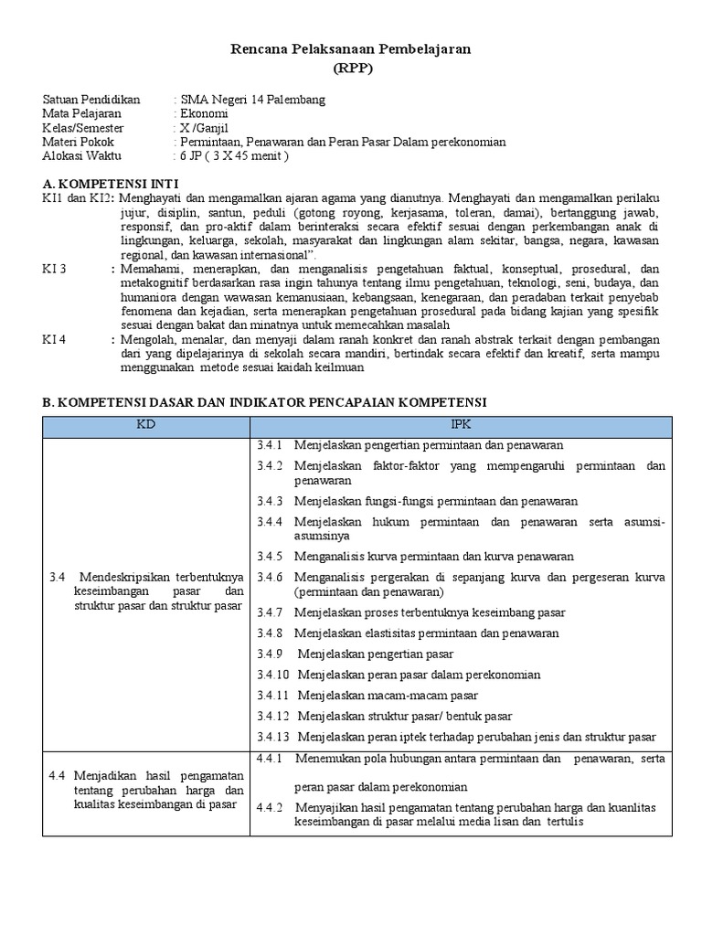 RPP Ekonomi: Permintaan dan Penawaran | PDF | Pengelolaan Keuangan & Uang