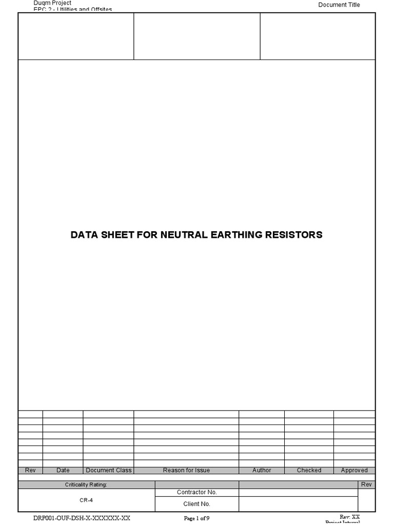 Data Sheet For Neutral Earthing Resistors: Criticality Rating: CR-4 ...