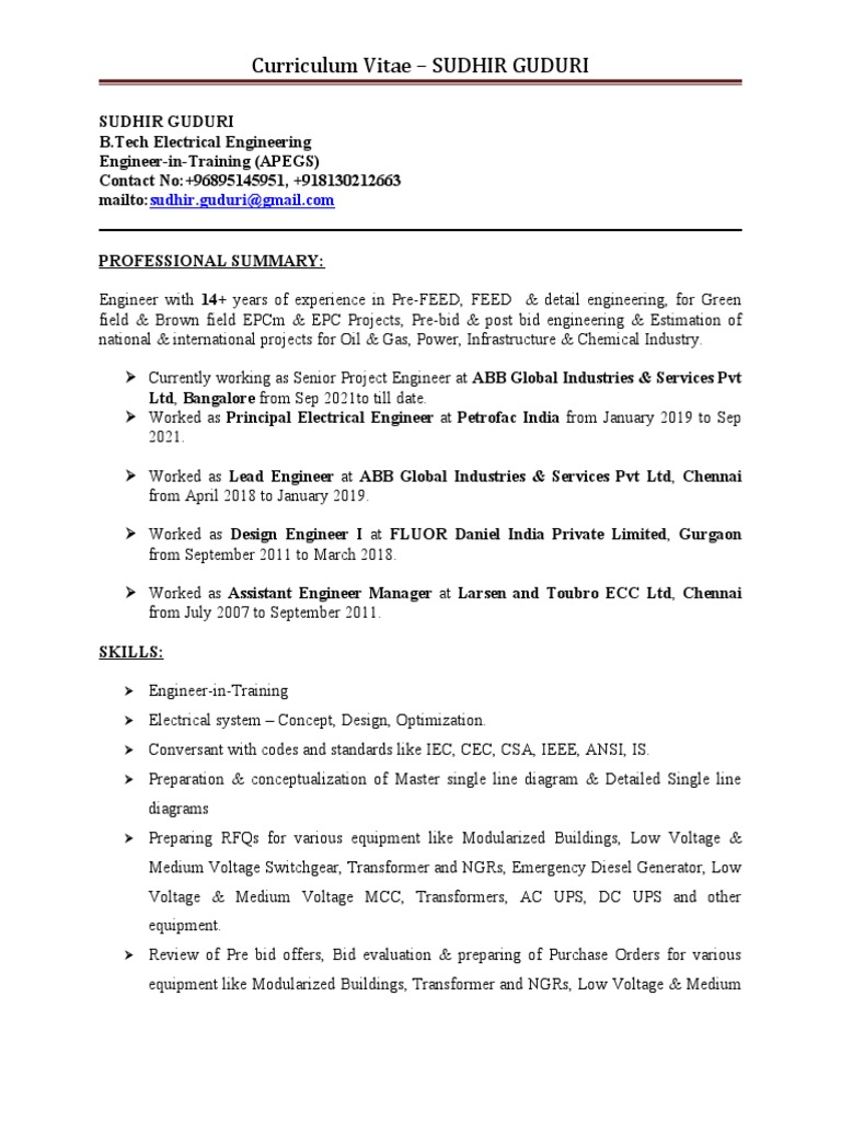 Curriculum Vitae Detailing 14+ Years of Experience in Electrical ...