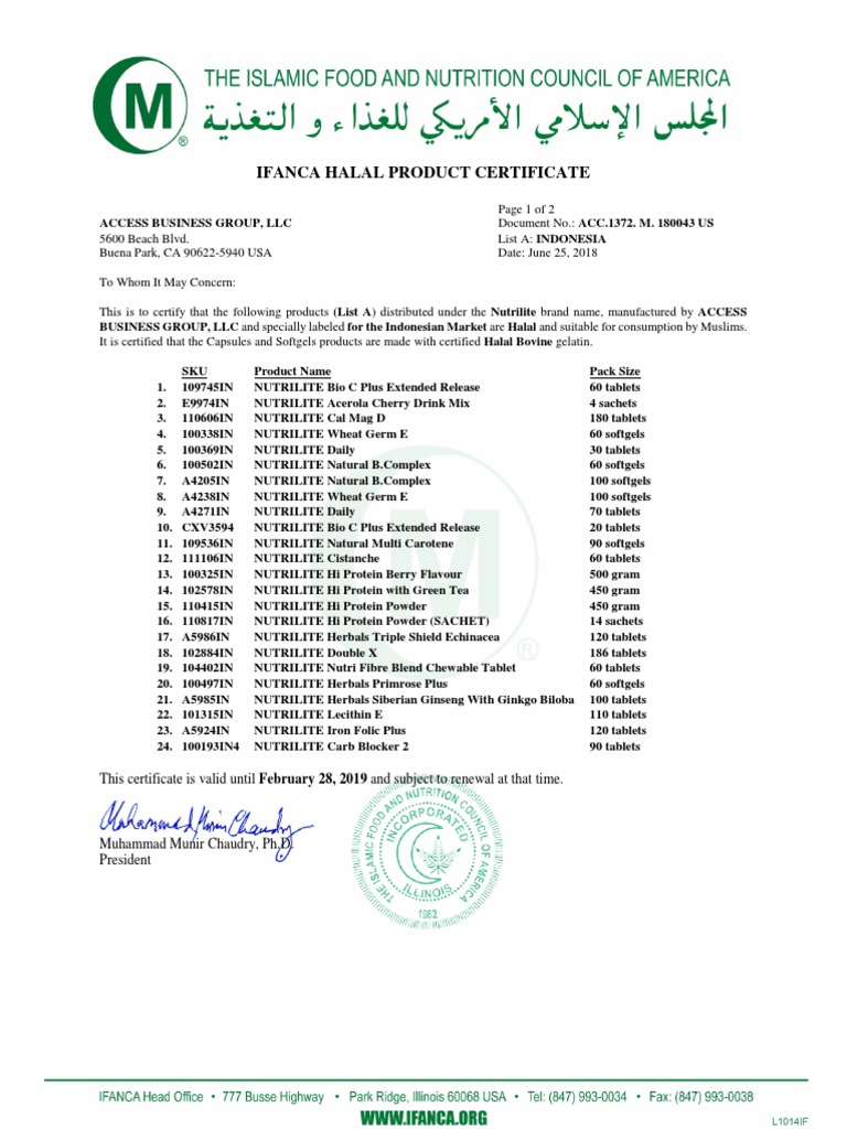 Ifanca Halal Product Certificate: This Certificate Is Valid Until ...