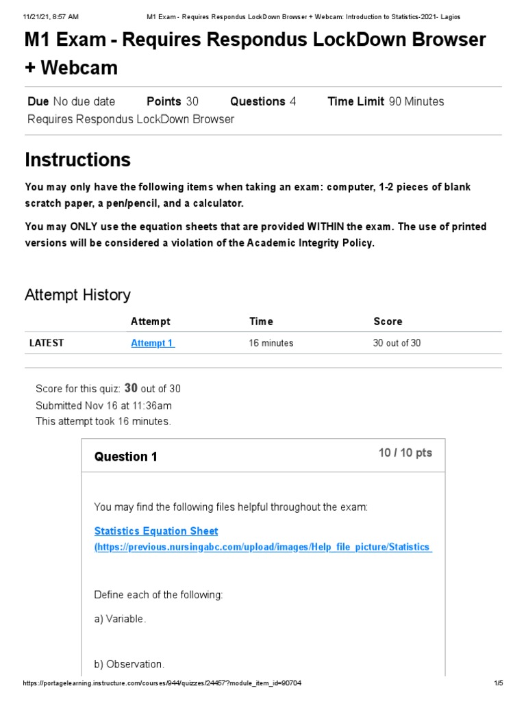 M1 Exam - Requires Respondus Lockdown Browser + Webcam: Attempt History ...