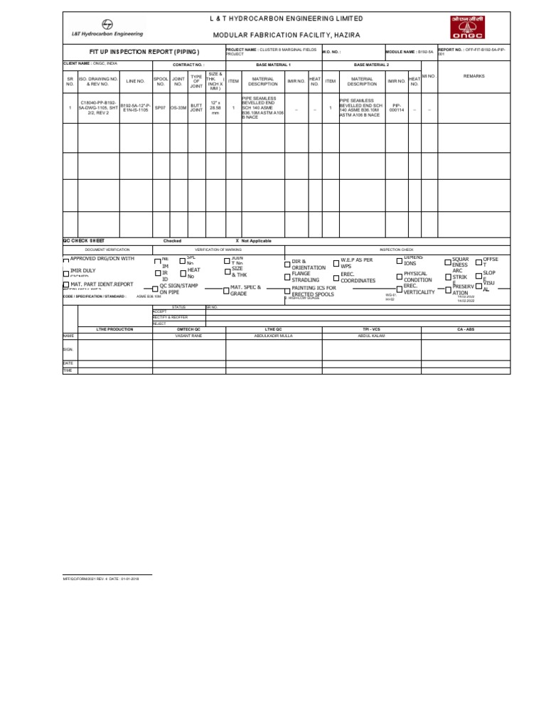 Fit Up Inspection Report for Module B192-5A Piping Spool OS-33M ...