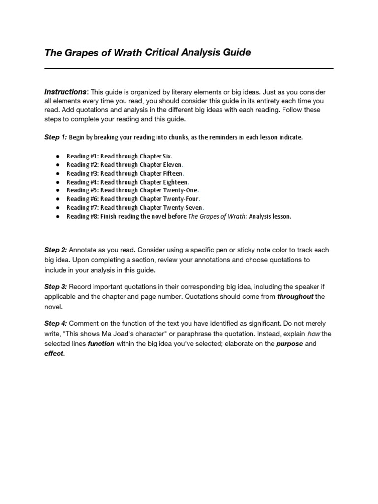 The Grapes of Wrath Critical Analysis Guide: Instructions | PDF