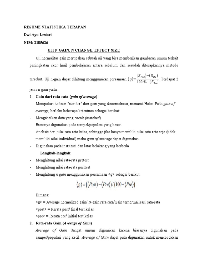 Resume Stater - Uji N Gain, N Change, Effect Size, Dwi Ayu Lestari ...