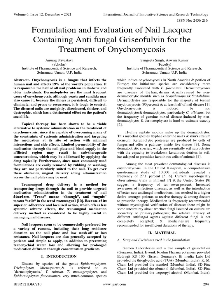 Formulation and Evaluation of Nail Lacquer Containing Anti Fungal ...
