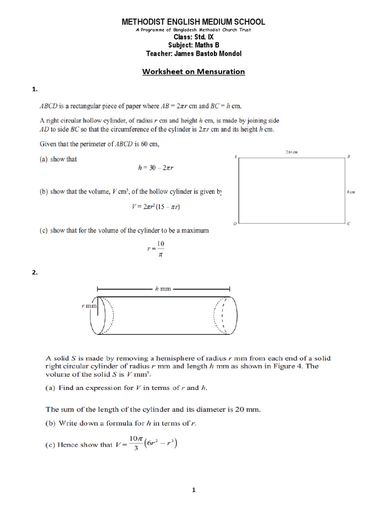 Class 9 Worksheet On Mensuration | PDF