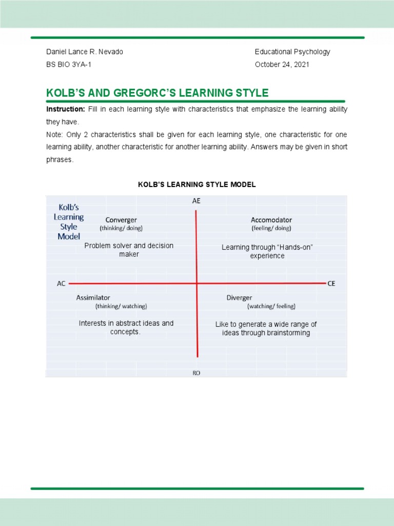 Kolb's and Gregorc's Learning Style Model | PDF