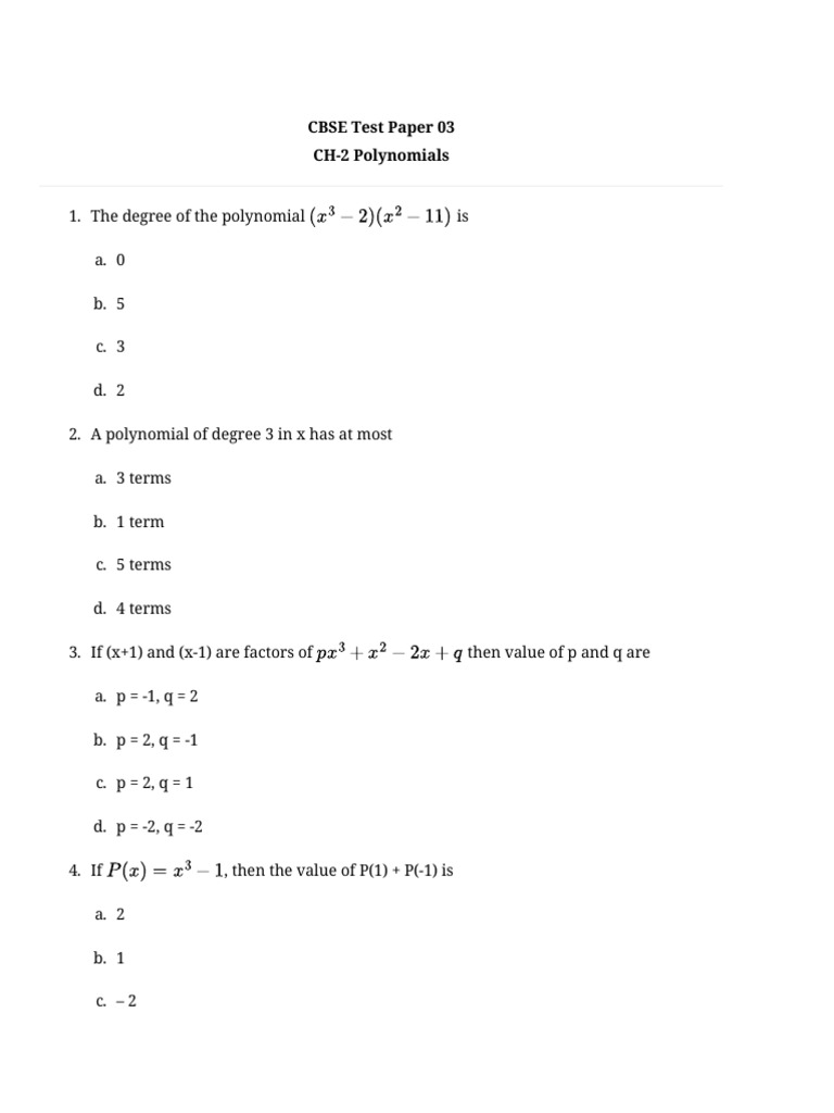 CBSE Test Paper 03 CH-2 Polynomials | PDF | Polynomial | Algorithms