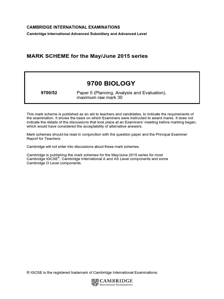 9700 BIOLOGY: MARK SCHEME For The May/June 2015 Series | PDF | Buffer Solution | Agar