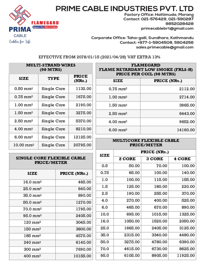 Prime Cable Industries Price List | PDF | Electricity | Components
