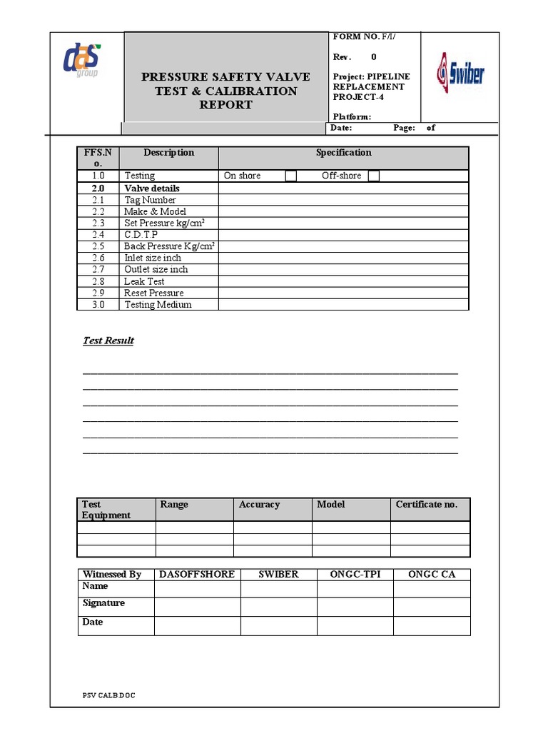 F-I-08 Pressure Safety Valve Test and Calibration Report | PDF