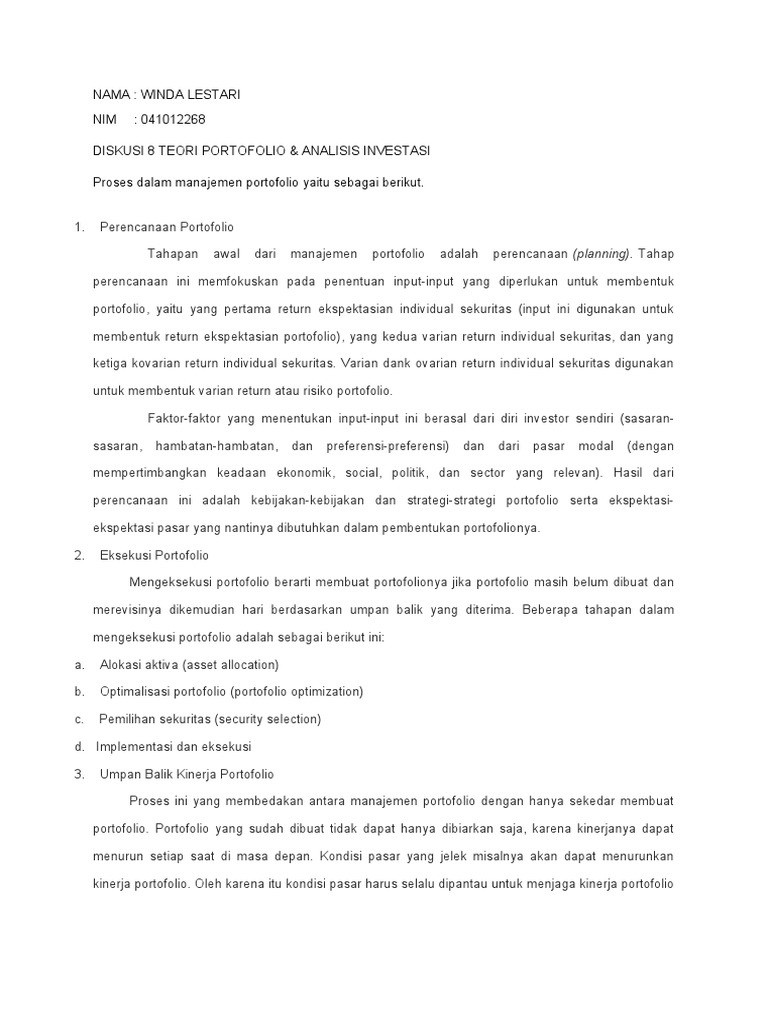 Diskusi 8 Teori Portofolio & Analisis Investasi Winda Lestari 041012268 | PDF