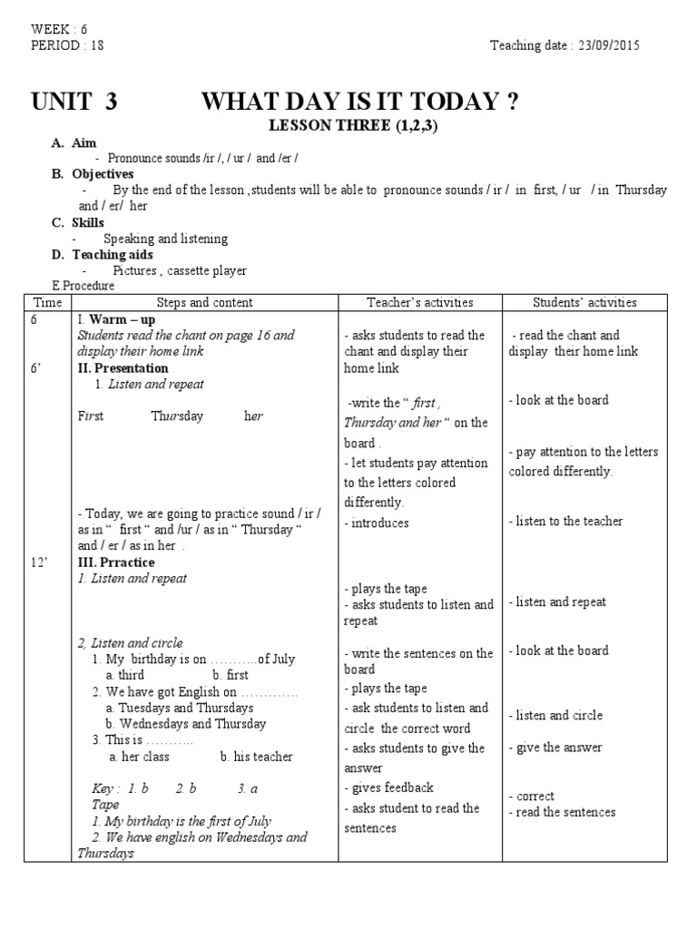 Unit 3 What Day Is It Today ?: LESSON THREE (1,2,3) | PDF | Education ...