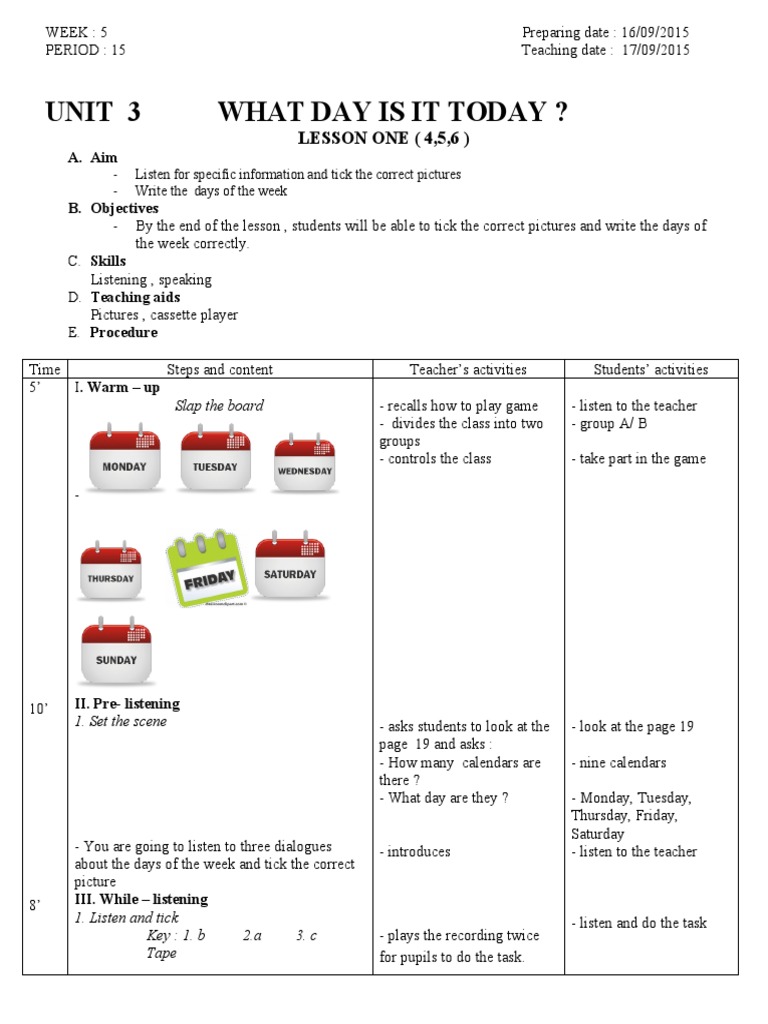 Unit 3 What Day Is It Today ?: LESSON ONE (4,5,6) | PDF | Teachers ...