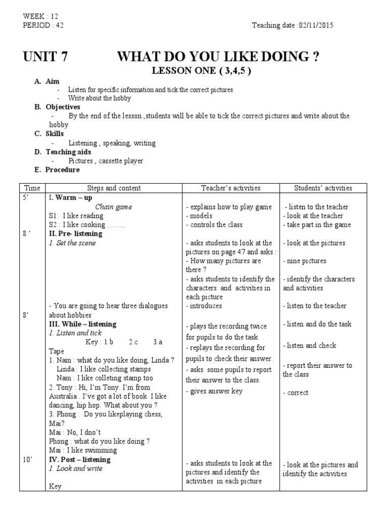Unit 7 What Do You Like Doing ?: LESSON ONE (3,4,5) | Download Free PDF ...