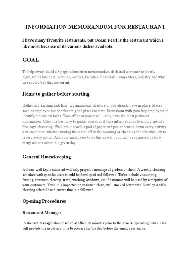 Information Memorandum For Restaurant | PDF