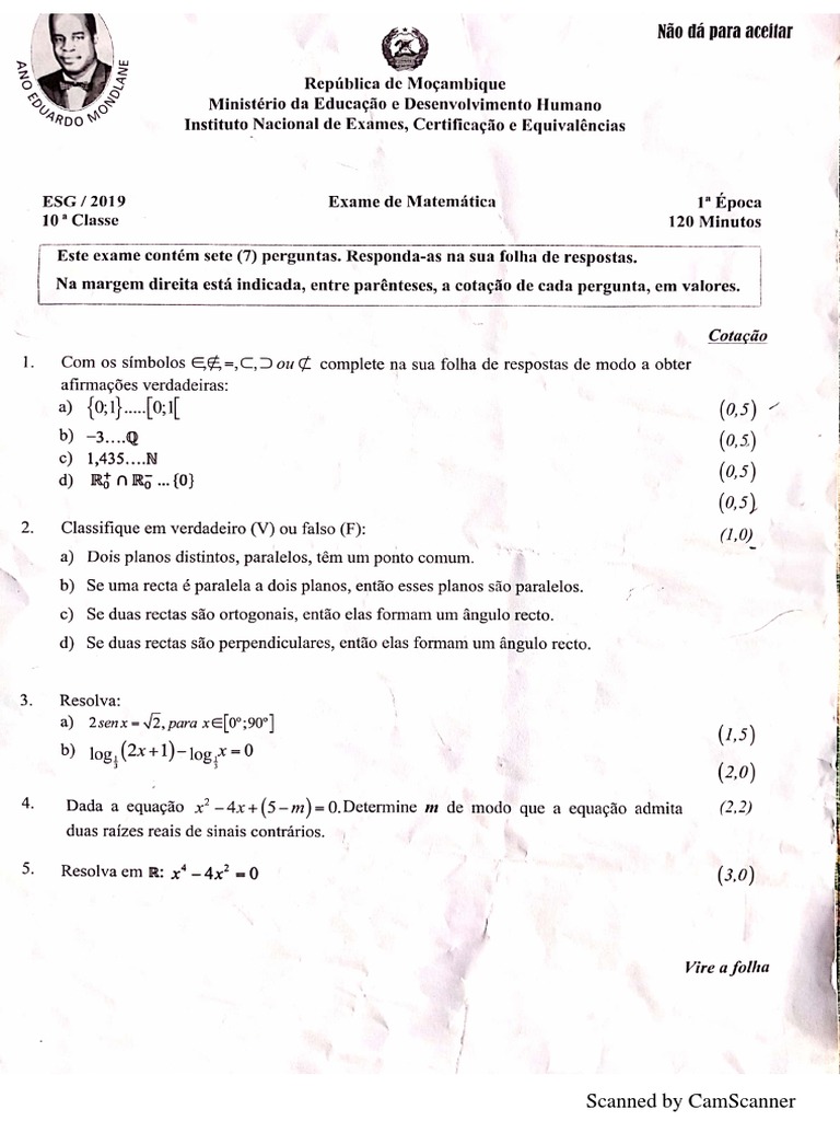 Exame de Matemática 10 Classe 1 Época 2019 | PDF