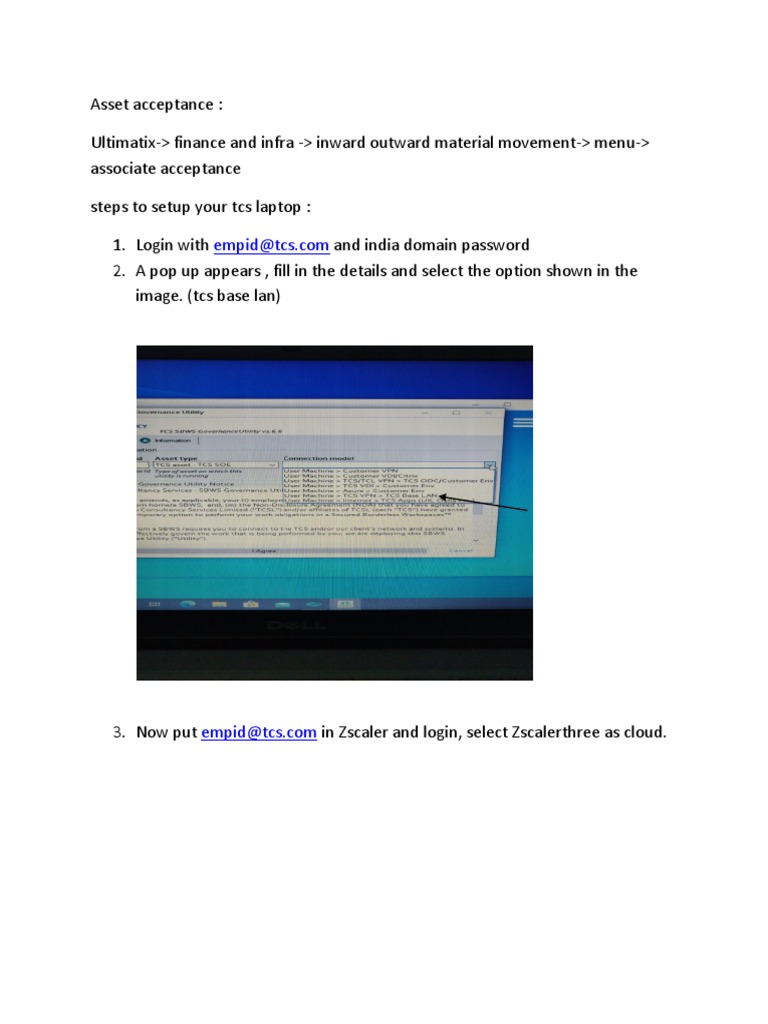 Asset acceptance steps for TCS laptop setup | PDF