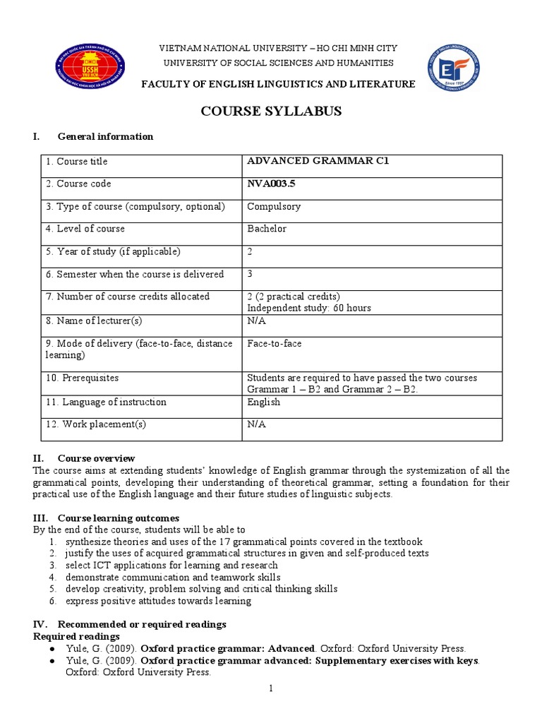 Advanced Grammar C1 Course Syllabus | PDF | Lecture | Linguistics