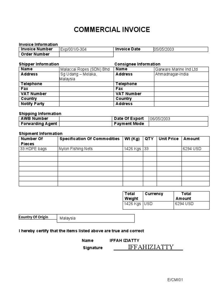 Analysis of a Commercial Invoice Document Detailing the Export of Nylon ...
