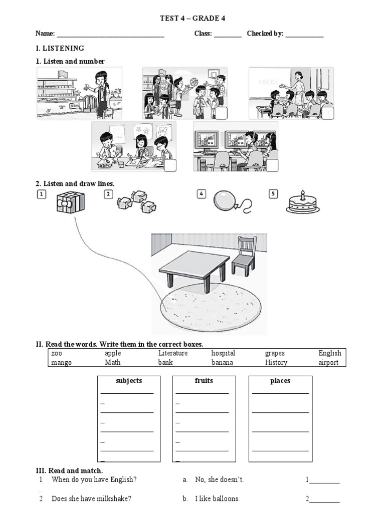 Test 4 - Grade 4: Name: - Class: - Checked By | PDF