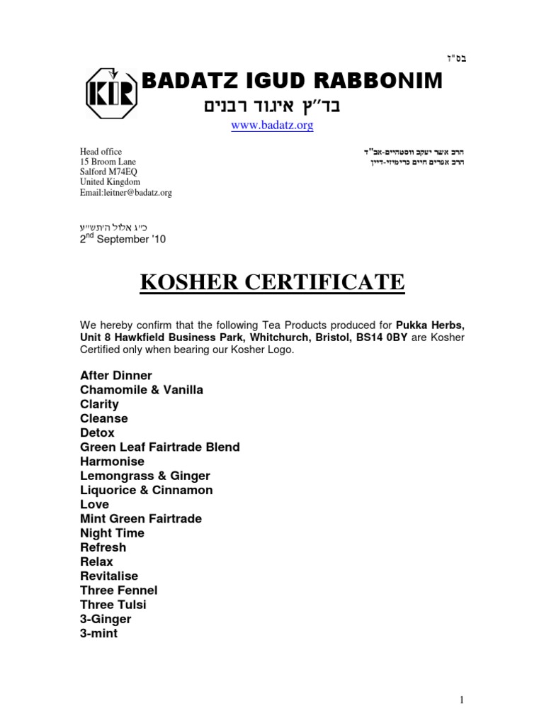 Kosher Cert PukkaHerbs - Sep.02.10 | PDF