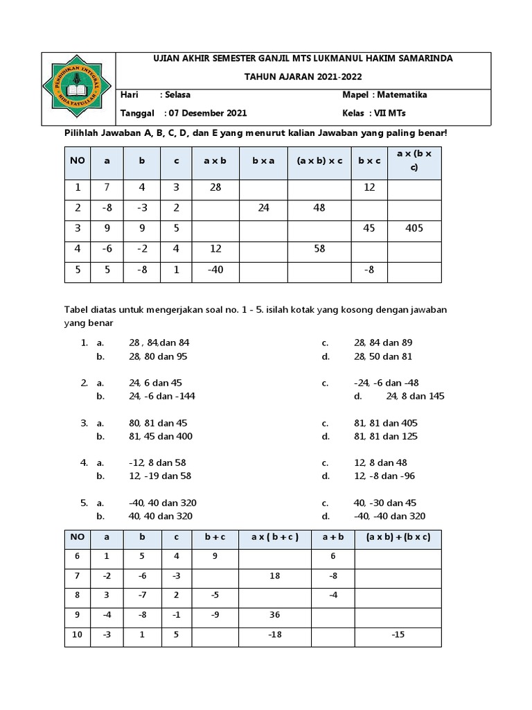Soal MTK Kelas 7 | PDF