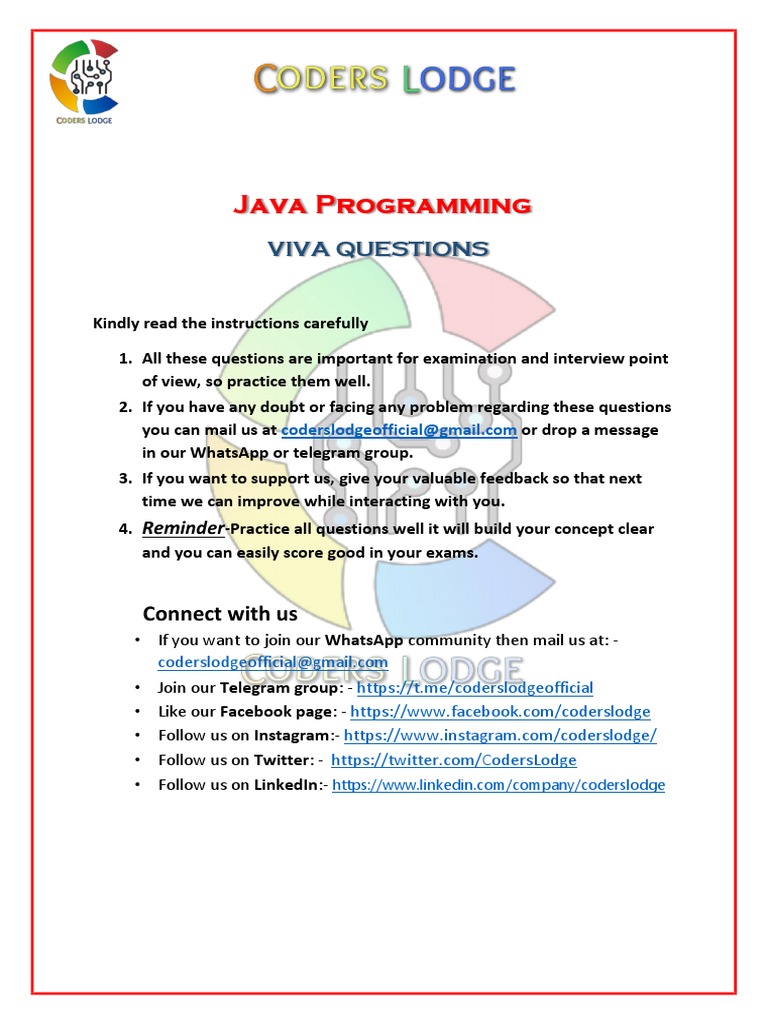 Java Viva Questions Coders Lodge Pdf Class Computer Programming Java Virtual Machine