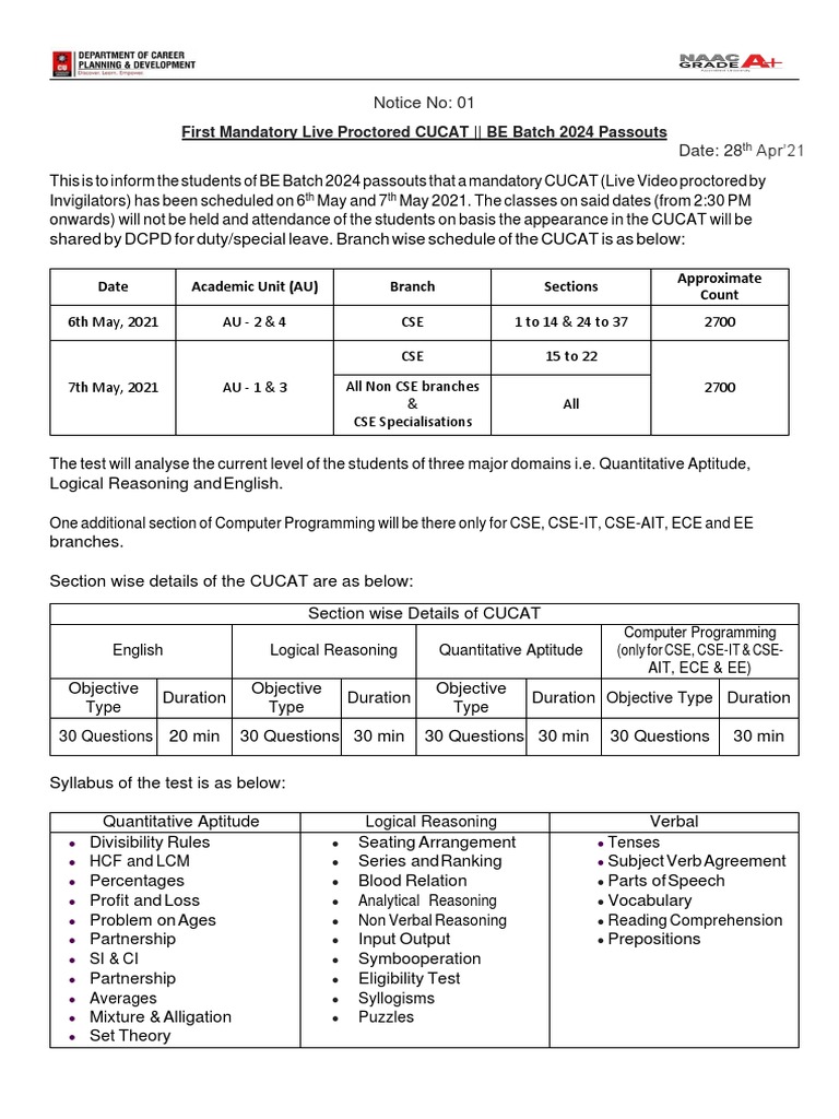 First Mandatory Live Proctored CUCAT - BE Batch 2024 Passouts | PDF ...