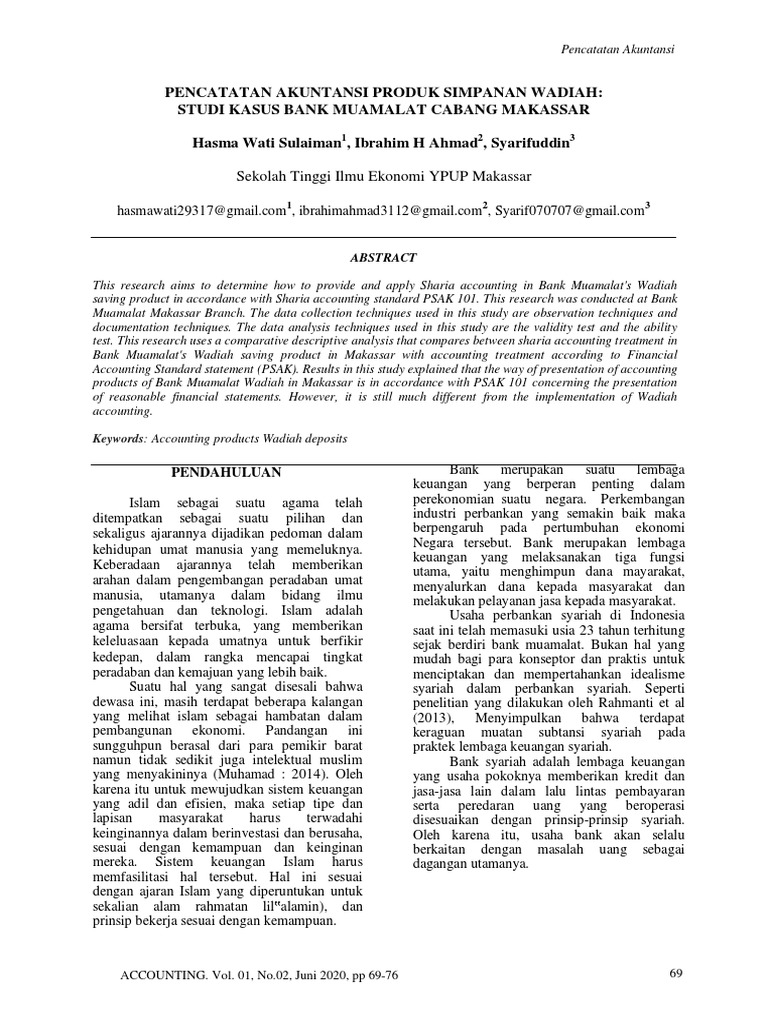Pencatatan Akuntansi Produk Simpanan Wadiah: Studi Kasus Bank Muamalat Cabang Makassar Hasma ...