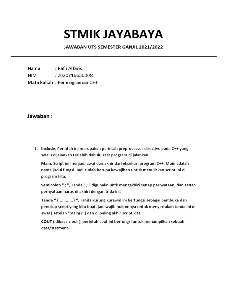 Jawaban UTS Pemrograman C++ - Rafli Alfaris | PDF