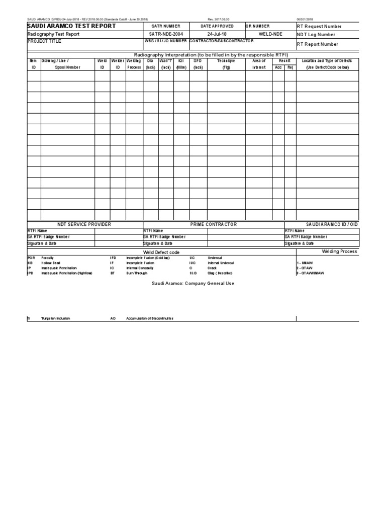 Saudi Aramco Test Report: Radiography Interpretation (To Be Filled in ...