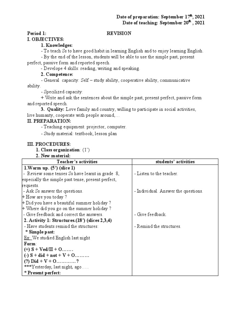English 9- Period 1 - Ôn tập | PDF | Lesson Plan | Teachers