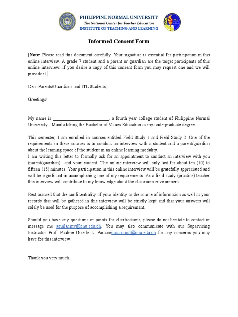 Informed Consent Form: Philippine Normal University | PDF