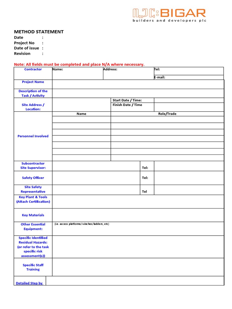 Method Statement: Date: Project No: Date of Issue: Revision | Download ...