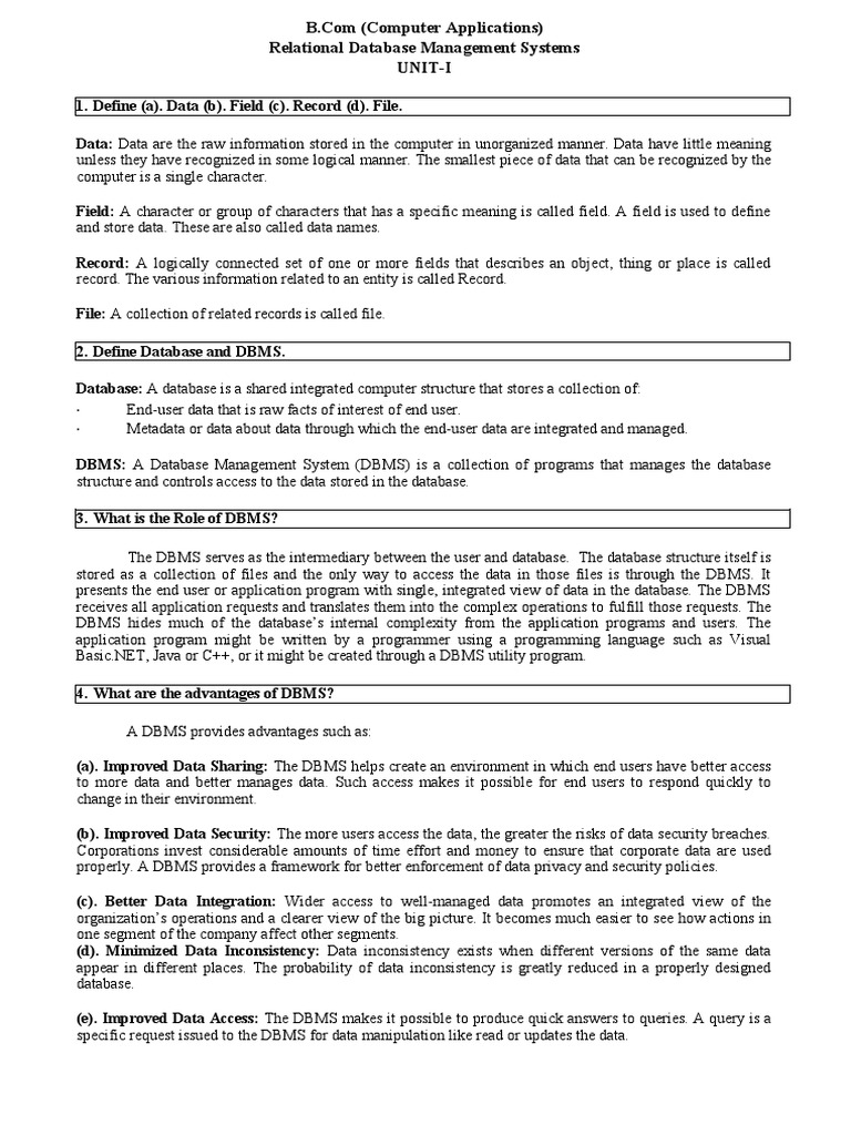 Rdbms Unit I Notes | PDF | Databases | Database Index Rdbms Unit I Notes | PDF | Databases | Database Index