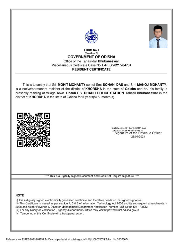 Government of Odisha: Resident Certificate | PDF