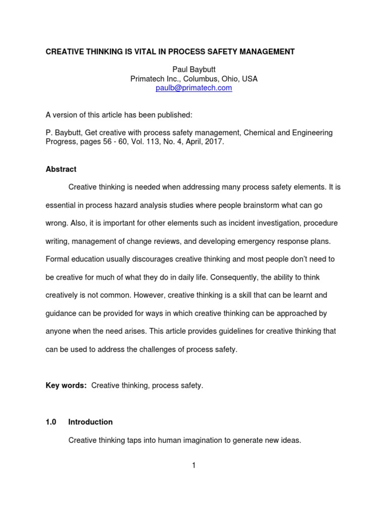 Creative Thinking Is Vital in Process Safety | PDF | Creativity | Thought