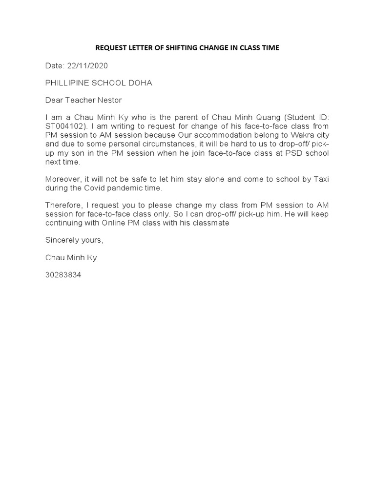 Request Letter of Shifting Change in Class Time | PDF