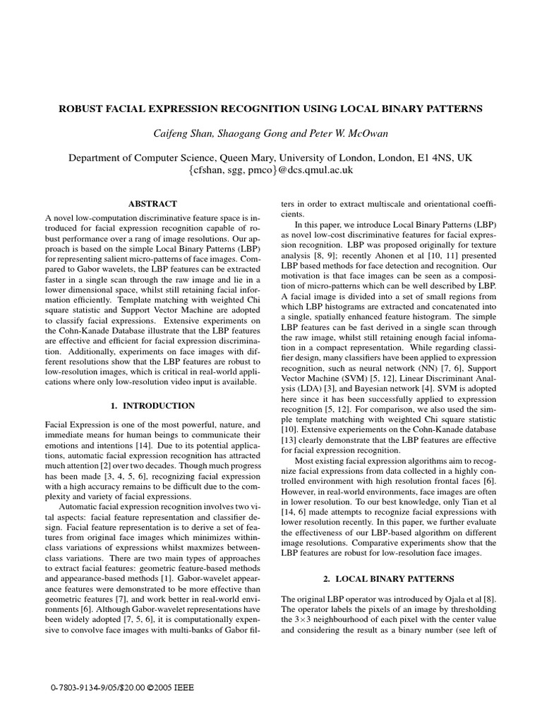 Robust Facial Expression Recognition Using Local Binary Patterns | PDF | Statistical ...